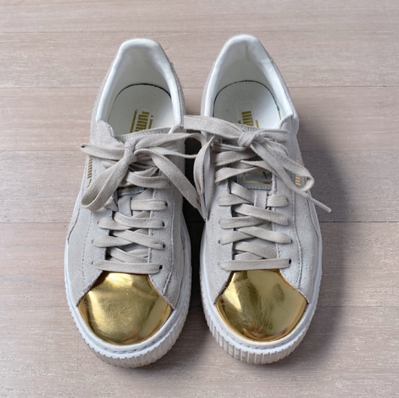 Puma | Shoes | Puma Off White Suede And Gold Toe Sneakers Size 8 | Poshmark